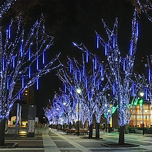 Christmas Decorations, Outdoor Solar Christmas Lights, 12 inch 8 Tube 144 LED IP65 Waterproof Falling Meteor Shower Rain Lights for Holiday Xmas Wedding Party Garden Home Patio Yard Tree Decor (Blue)