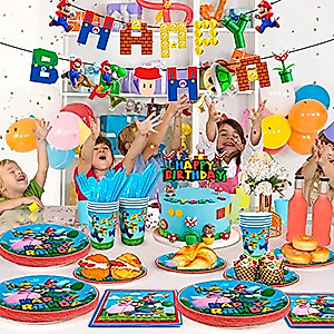 Su-perr M-arioo Birthday Party Supplies-128pcs Su-perr M-arioo Tableware Party Supplies Include M-arioo Party Plates and Napkins Cups Tablecloth for Boys/Girls M-arioo Theme Birthday Party Decorations