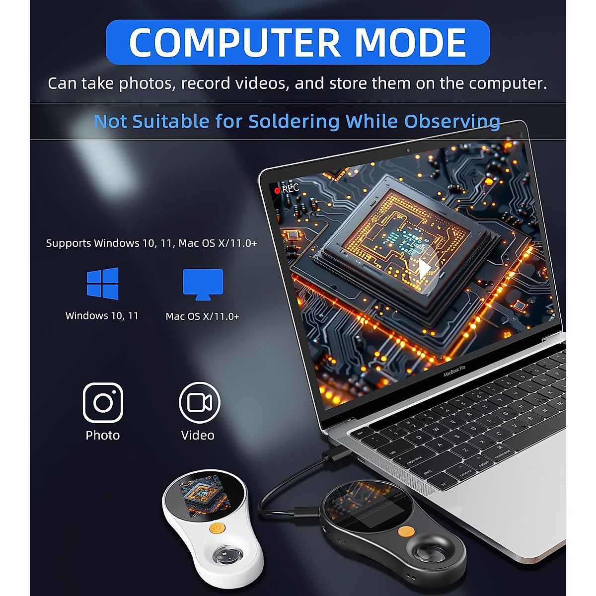 Macro Microscope Digital Fixed Focus 2.0 inch IPS Color Screen, 200w Pixel, 500x Magnification, Portable Handheld Magnifying Glass, Built-in 8LED Lights Compatible with Windows, Mac OS (Black)