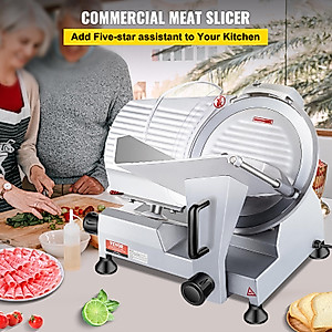 VEVOR 240W Commercial Electric Meat Slicer, 10 inch Carbon Steel Blade Electric Food Slicer, Deli Food Slicer, 350-400RPM Meat Slicer, 0-0.47 inch Adjustable Thickness for Commercial and Home Use