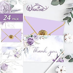 Whaline 24 Pack Purple Floral Thank You Cards with Envelopes Stickers 3 Design Watercolor Flower Greeting Cards Spring Blank Note Cards for Baby Shower Wedding Birthday Party, 4 x 6 Inch