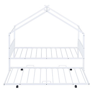 Guxeei Twin Size Metal House Bed, Modern Design Bed Frame with Trundle for Bedroom, Wood Slat Support, No Box Spring Needed, Easy Assembly (White)