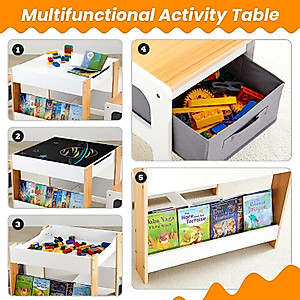 Asweets Kids Table and Chair Set,4 in 1 Toddler Desk with Storage Drawer,Wooden Activity Table for 2 in 1 Detachable Tabletop,Bookshelve,Suitable for Classroom,Home, Nursery, Playroom (Natural White)