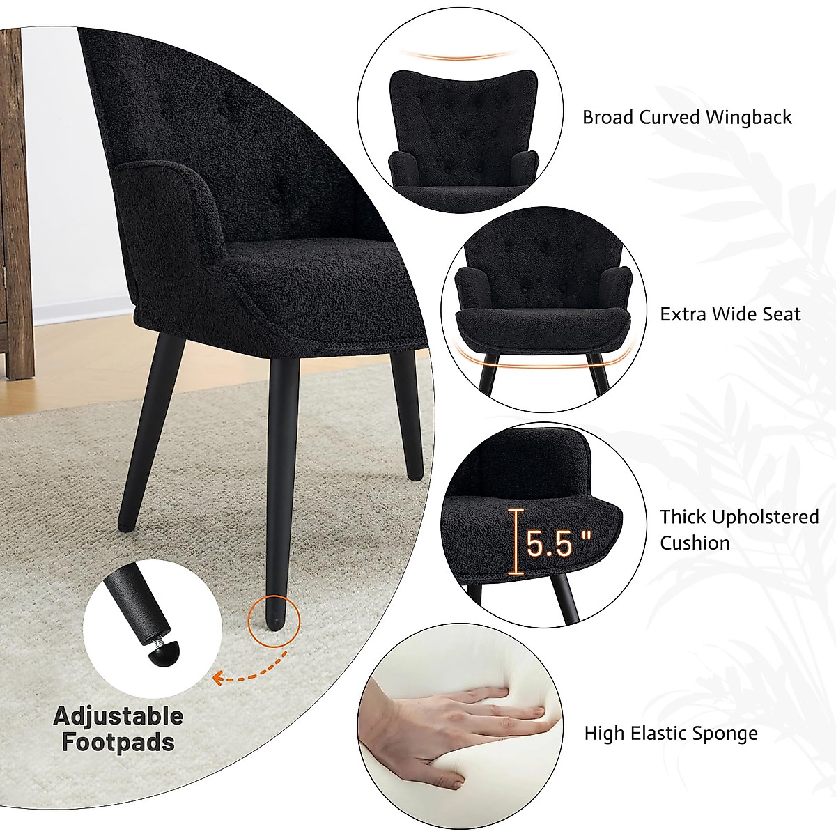 Furniliving Boucle Accent Chair for Living Room, Upholstered Reading Chair with High Backrest, Tufted-Button Wingback Armchair for Bedroom, Dressing Room, Home Office, Black