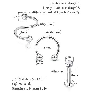 Ovxznts 24Pcs Assorted Design 16g Lip Rings Studs Medusa Piercing Jewelry Surgical Steel Monroe Labret Tragus Earrings Hoop Horseshoe Septum Ring Twist Helix Cartilage Piercings for Women Men