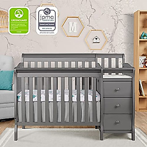 Dream On Me Jayden 4-in-1 Mini Convertible Crib And Changer in Storm Grey, Greenguard Gold Certified, Non-Toxic Finish, New Zealand Pinewood, 1" Mattress Pad