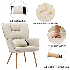 FERFALDER Upholstered Wingback Chair, Beige Accent Chair, Comfy Living Room Chairs, Faux Leather Arm Chair for Living Room, Bedroom, Office and Study