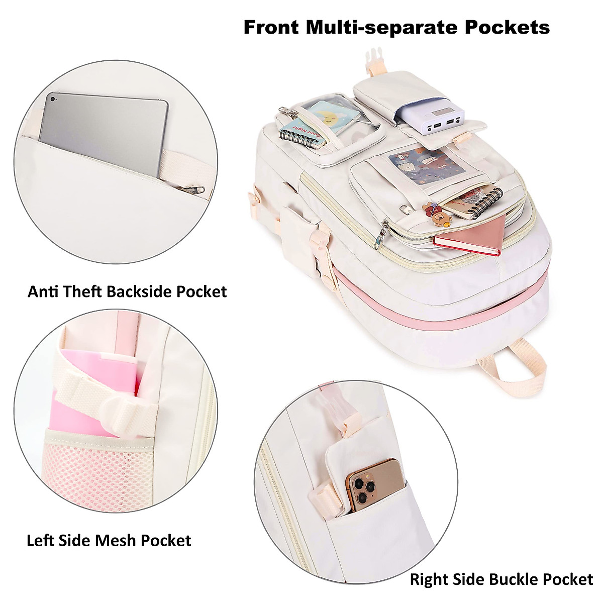 Laptop Backpacks 16 Inch School Bag with Lunch Box Set College Elementary Backpack Cute Lunch Bag Anti Theft Travel Daypack Large Bookbags for Teens Girls Women Kids Students (Beige-Mermaid)