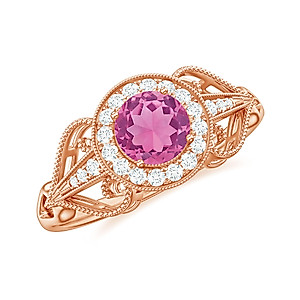 0.75 Cttw Pink Tourmaline Vintage Engagement Ring with Diamond (AAA Quality), 14K Rose Gold, Size:US 4.50