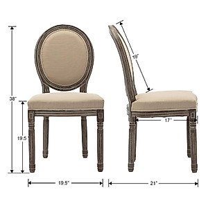 Kmax Farmhouse Dining Room Chairs, Brown Wood Legs Elegant Tufted Kitchen Chairs, French Distressed Bedroom Chairs with Round Back, Set of 8, Beige