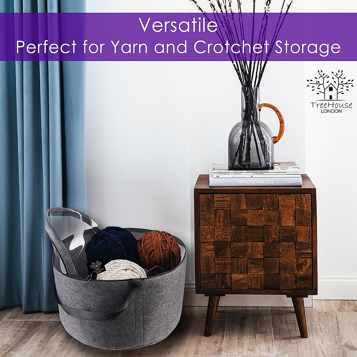 TreeHouse London XL Breathable Felt Wig Storage Travel Case & Yarn Storage Bag, Collapsible Container & Lid, 11" High, Wig Holder Case for Men & Women, Cosmetic Closet Organizer Bag