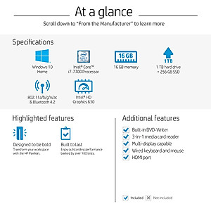 HP Pavilion Desktop Computer, Intel Core i7-7700, 16GB RAM, 1TB Hard Drive, 256GB SSD, Windows 10 (570-p041, Black)