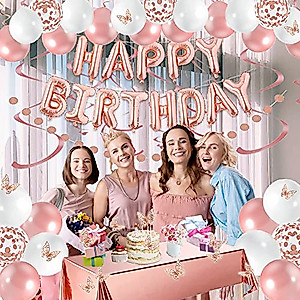 Rose Gold Happy Birthday Party Decorations for Women Girls, Happy Birthday Banner for Her, Fringe Curtains, Foil Tablecloth, Confetti Balloons, Butterfly Decor for 13th 16th 18th 21st 30th 40th 50th