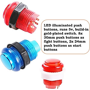 Fosiya 4 Player LED Arcade Kit Ellipse Oval Style Joystick USB Encoder to PC Games DIY Controllers Bat Joystick 4 Colors LED Arcade Buttons for All Windows PC MAME Raspberry Pi
