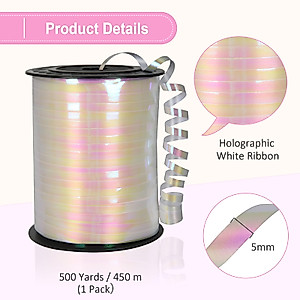 OMISELIO White Curling Ribbon, 500 Yard Iridescent White Ribbon, Curling Ribbon for Gift Wrapping, Balloon Ribbon, Balloon String, Curly Ribbon, 3/16" Gift Ribbon for Baby Shower, Christmas