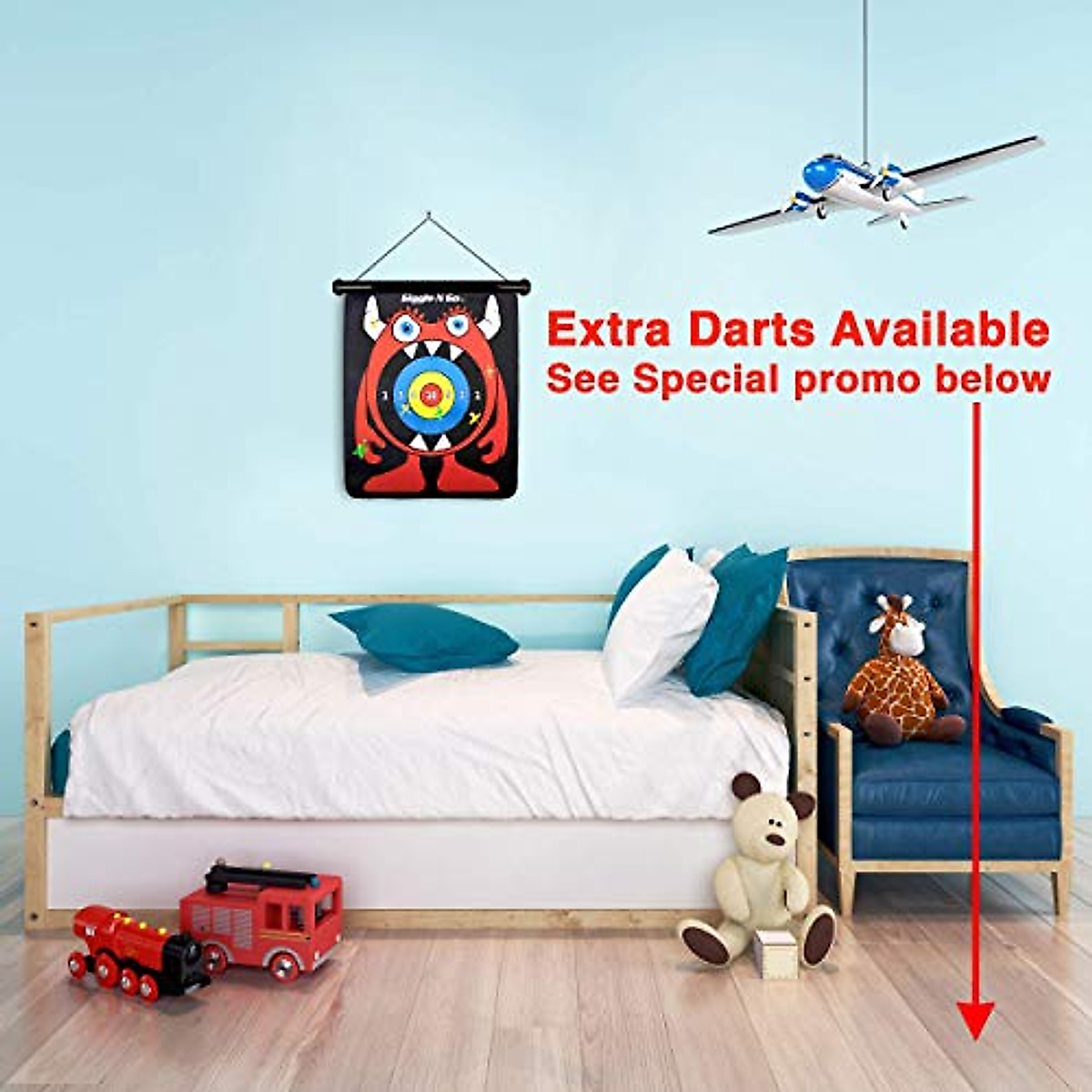 Giggle N Go Dart Board for Kids & Adults - Outdoor or Indoor Game Set with 6 Magnetic Darts and Reversible, Roll-Up Dartboard - Monster Theme﻿