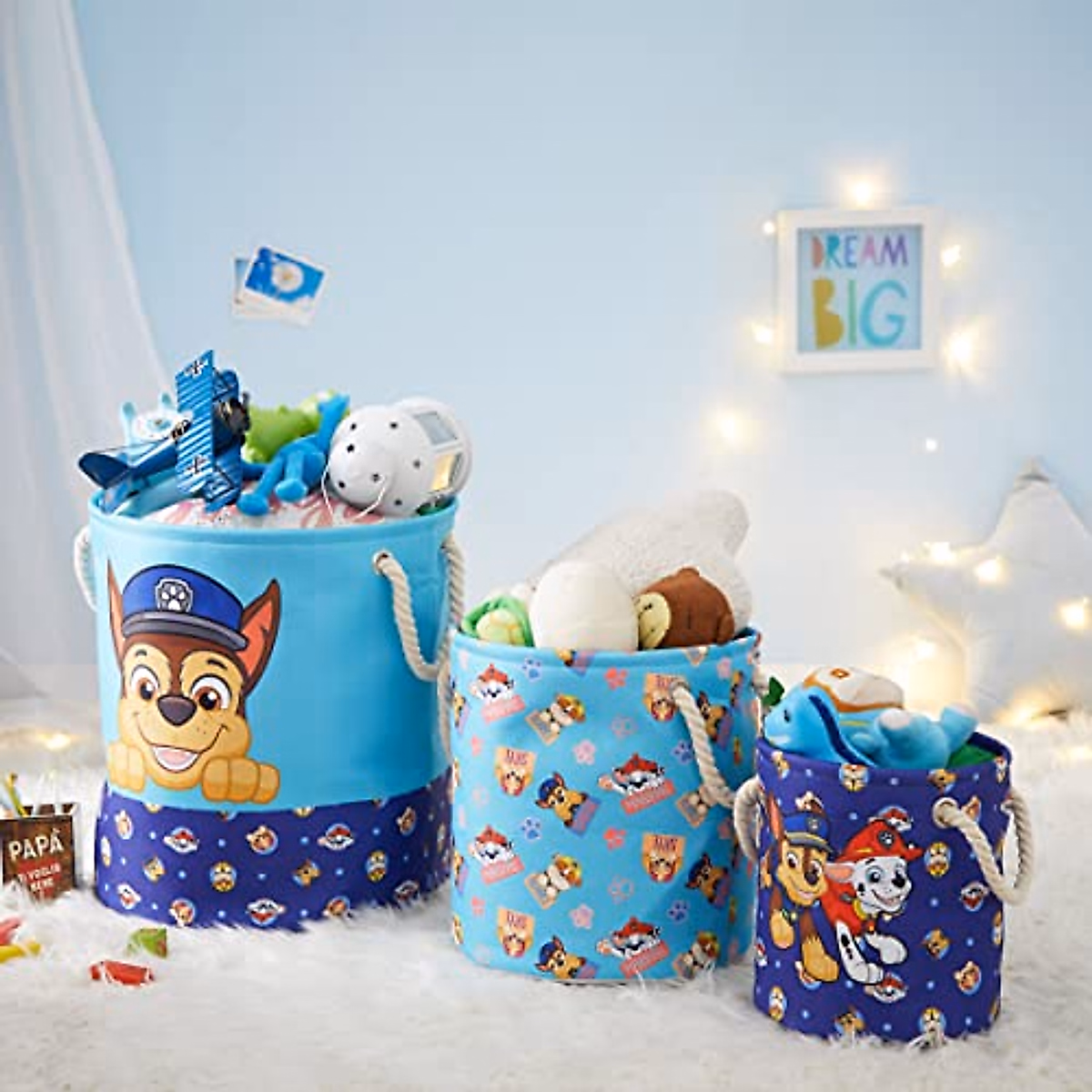 Paw Patrol 3 Piece Multi Size Fabric Nestable Toy Storage Basket Set, with Rope Carry Handles