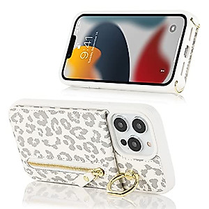 Jaorty iPhone 13 Pro Case for Women with Card Holder,iPhone 13 Pro Phone Case Wallet with Strap,Crossbody Lanyard Cases with Credit Card Slots Kickstand and Stand Case Ring Holder,6.1" White Leopard