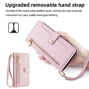 Arseaiy Wallet Case for Oppo Reno 6 Pro 5G（MediaTek） Flip Phone Case with Crossbody Strap Magnetic Handbag Zipper Pocket PU Leather Shockproof with Kickstand Phone Shell Pink