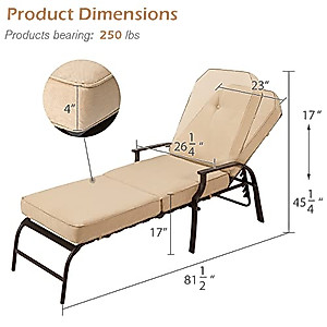 U-MAX Adjustable Outdoor Chaise Lounge Chair Patio Lounge Chair Recliner Furniture with Armrest and Cushion for Deck, Poolside, Backyard (Beige)