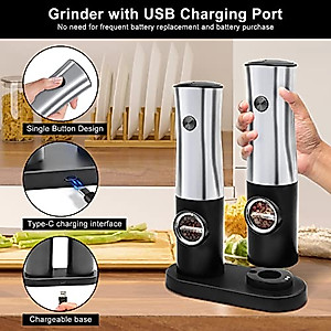 Electric Salt and Pepper Grinder Set, Adjustable Coarseness Automatic Pepper and Salt Mill Powered Refillable with Rechargeable Base, One Hand Automatic Operated Kitchen Gadgets, Stainless Steel