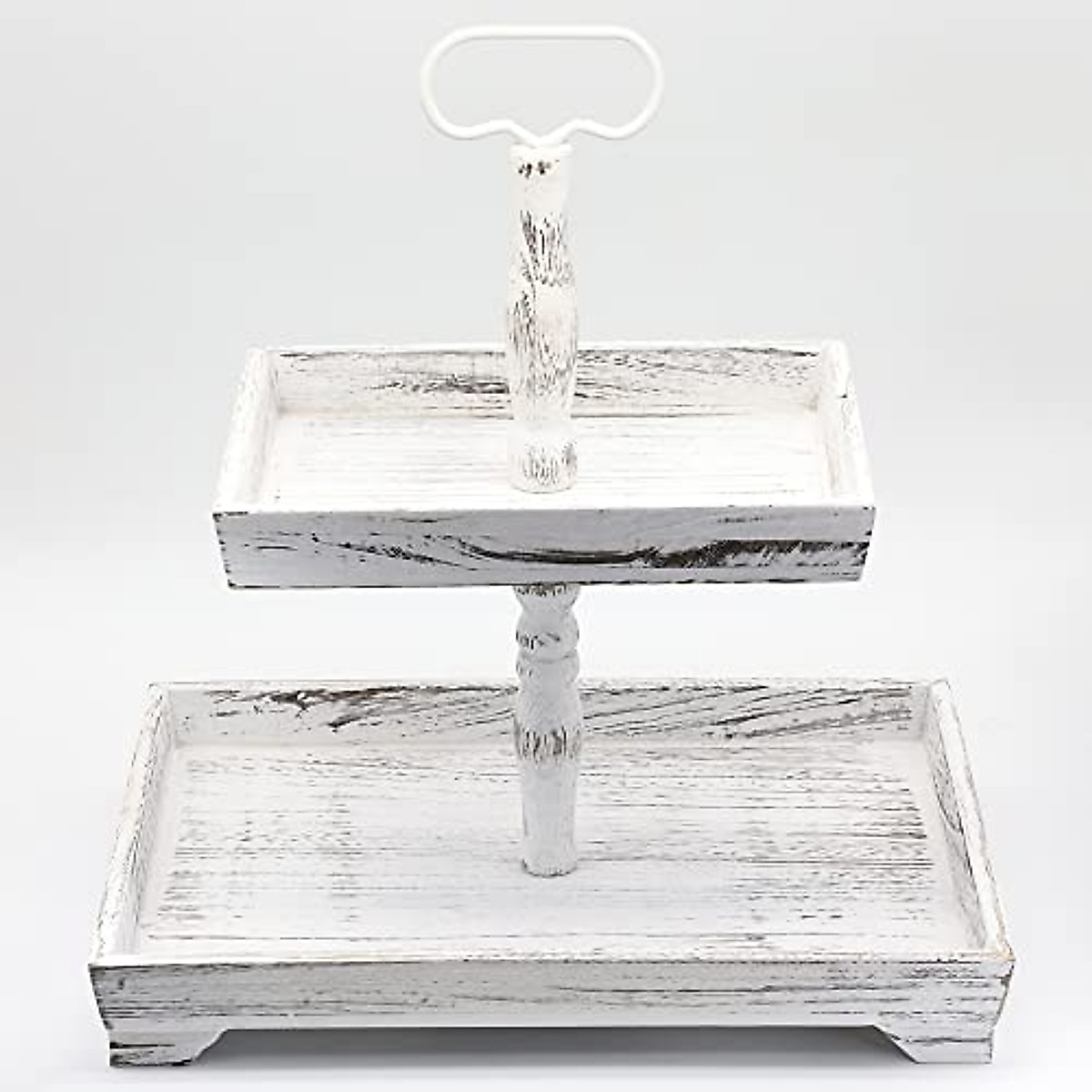 2 Tiered Tray Stand for Decor, Rustic Wooden Farmhouse Decorative Tray for Home Coffee Table Kitchen Counter by Witsbrez (White Wash Rectangle)