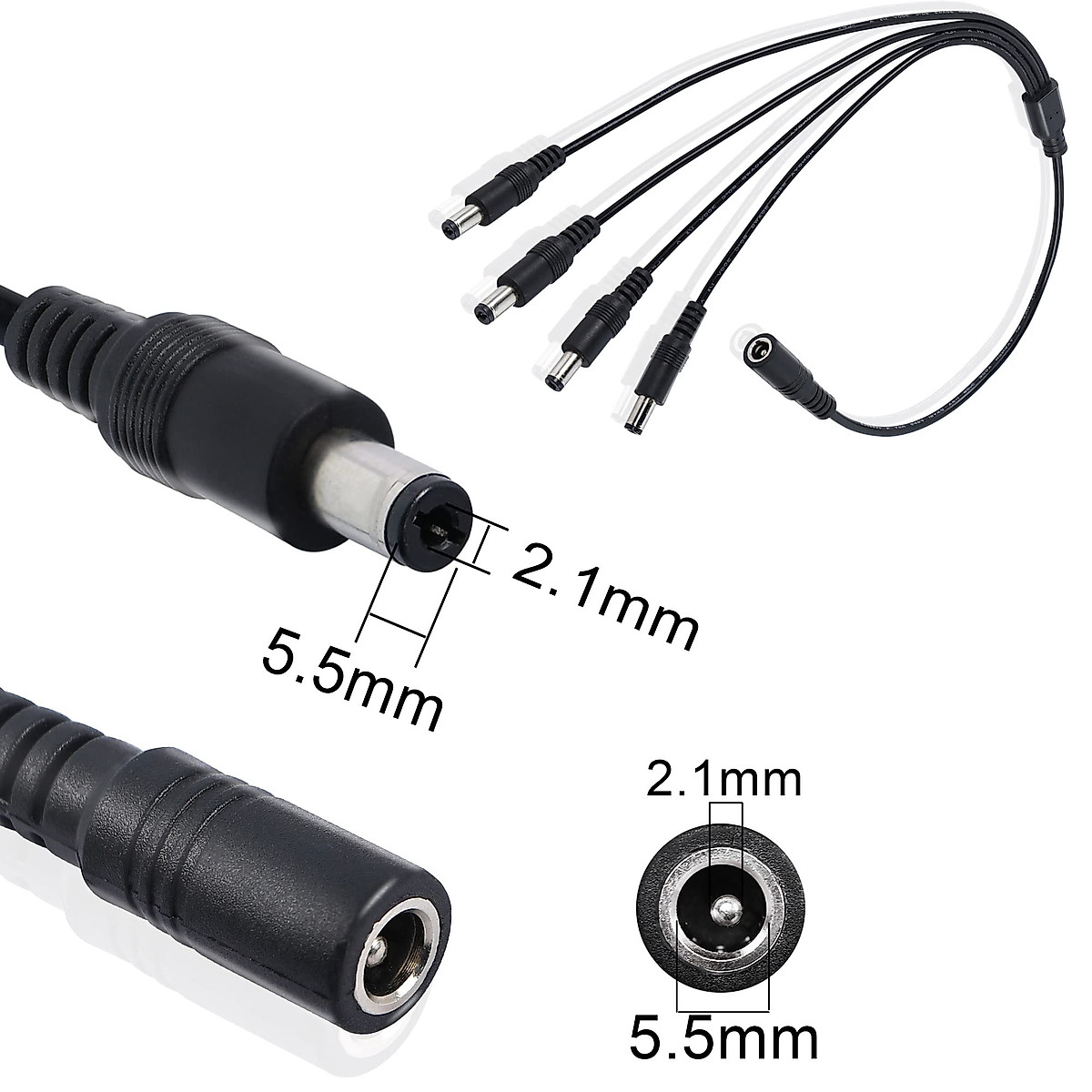 GINTOOYUN DC Splitter Cable 1 Female to 4 Male 5.5mm x 2.1mm, 12V DC Power Extension Cable Splitter Adapter for CCTV Security Camera, LED Strip Light, etc 0.7m (1 to 4 Way)