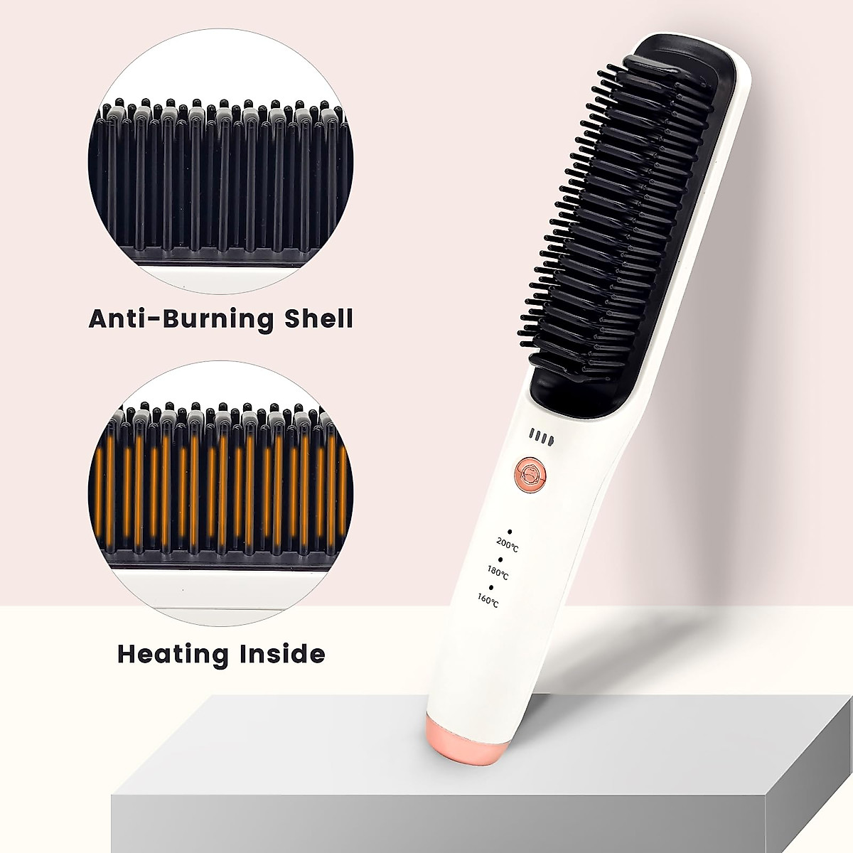 Cordless Hair Straightener Brush, Portable Straightening Brush, Long-Life Battery with USB-C Rechargeable, Anti-Scald, Portable for Travel, Hot Comb Hair Straightener for Women(Bright White)