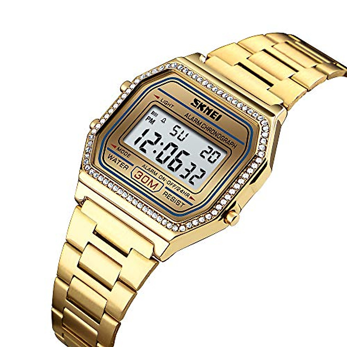 PASOY Men's Digital Gold Stainless Steel Watch Backlit Multifunction Stopwatch Waterproof Sport Watches (Gold with Crystal Bezel)