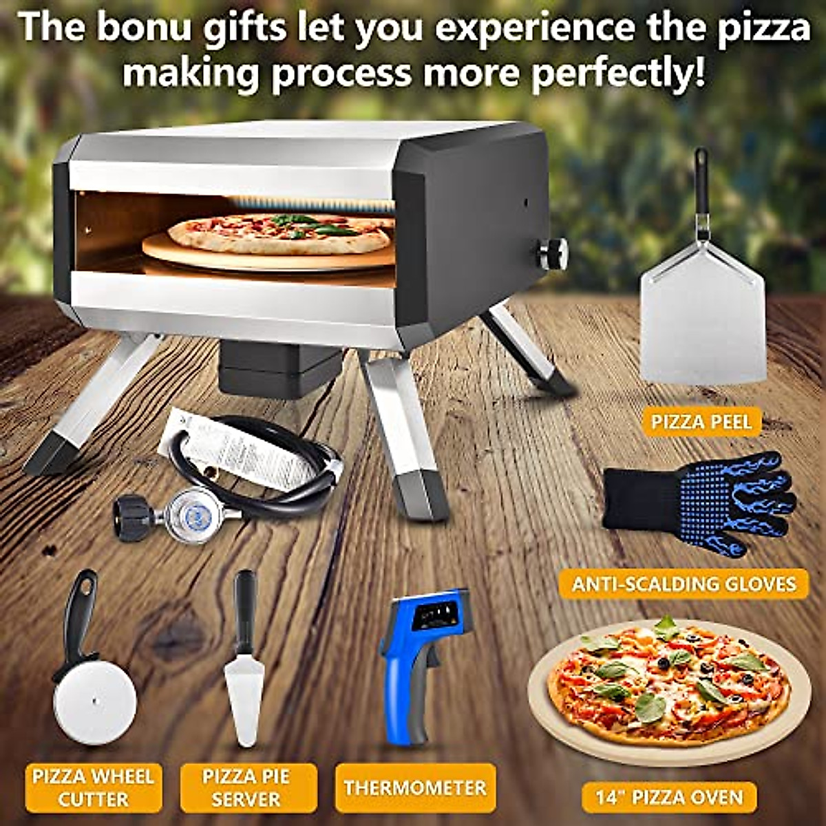 AOSION-Outdoor Gas Pizza Oven, Rotating Propane Pizza Grill Oven for Exterior Backyard Pizza Maker with 14" Pizza stone, Portable Pizza Ovens for Outside with Pizza Peel,Pia,Cutter,Gloves and thermometer.