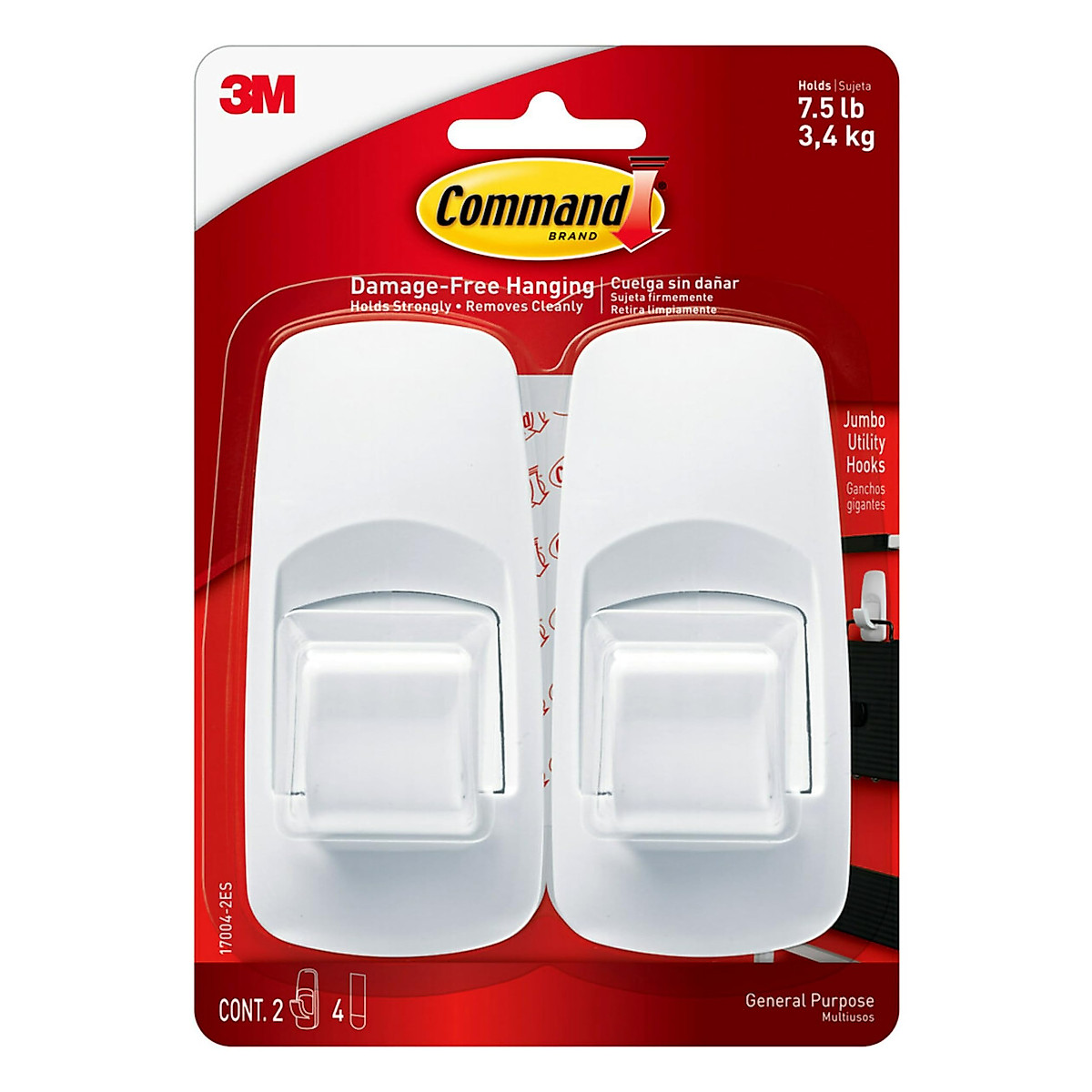 Command Jumbo Utility Hooks, Damage Free Hanging Wall Hooks with Adhesive Strips, No Tools Wall Hooks for Hanging Decorations in Living Spaces, 2 White Hooks and 4 Command Strips