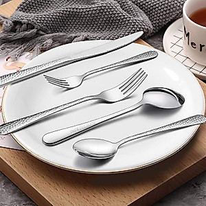 Silverware Set for 12, E-far 60-Piece Hammered Flatware Cutlery Set, Stainless Steel Eating Utensils for Kitchen Hotel Restaurant Party, Modern Design & Mirror Finished - Dishwasher Safe