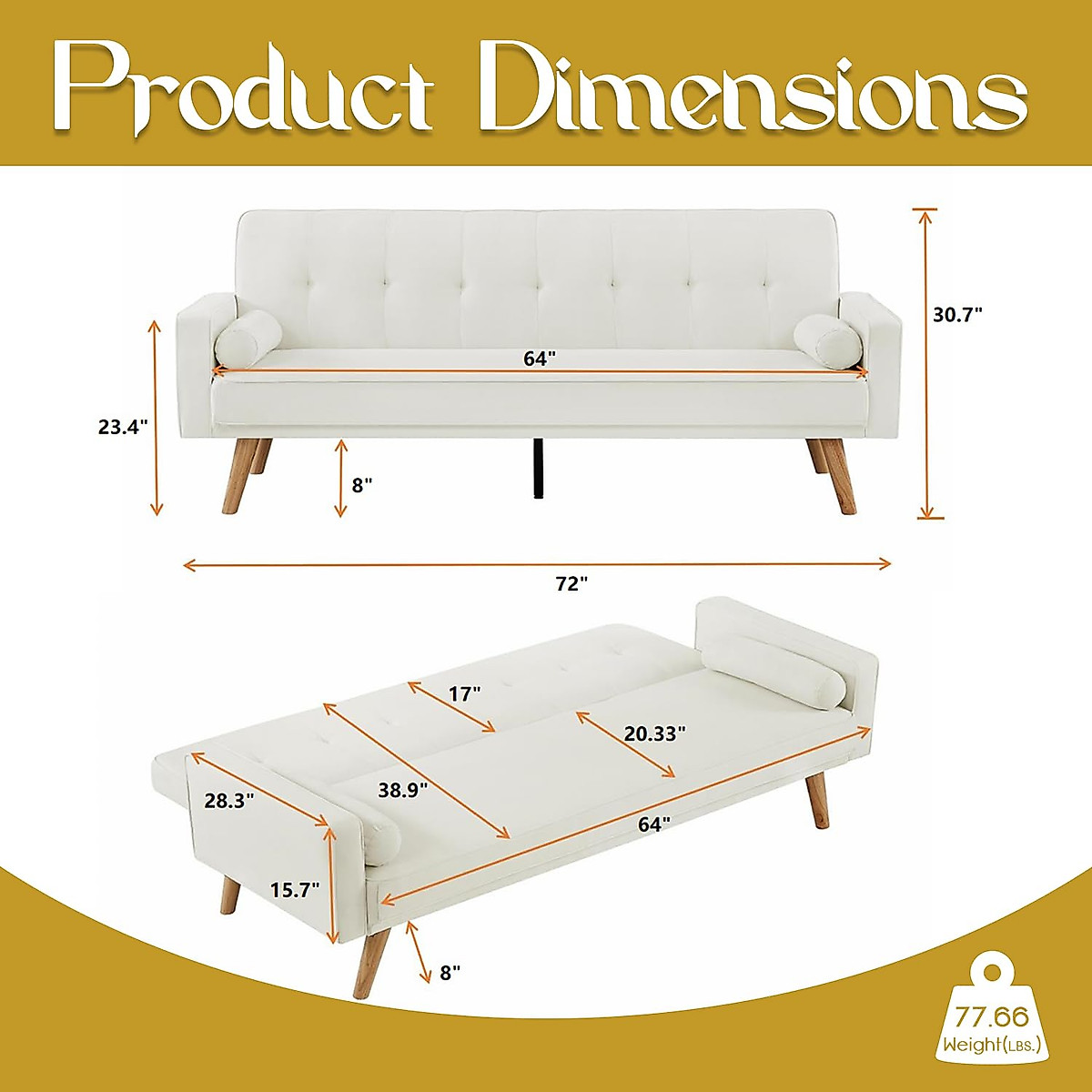 Anwickmak Yellow Velvet Couch, Small Sleeper Sofa Love Seat Includes 2 Pillows, 58" Tufted Loveseat Sofa, 4 Golden Metal Legs, Mid Century Modern Sofas for Living Room and Bedroom (Yellow)