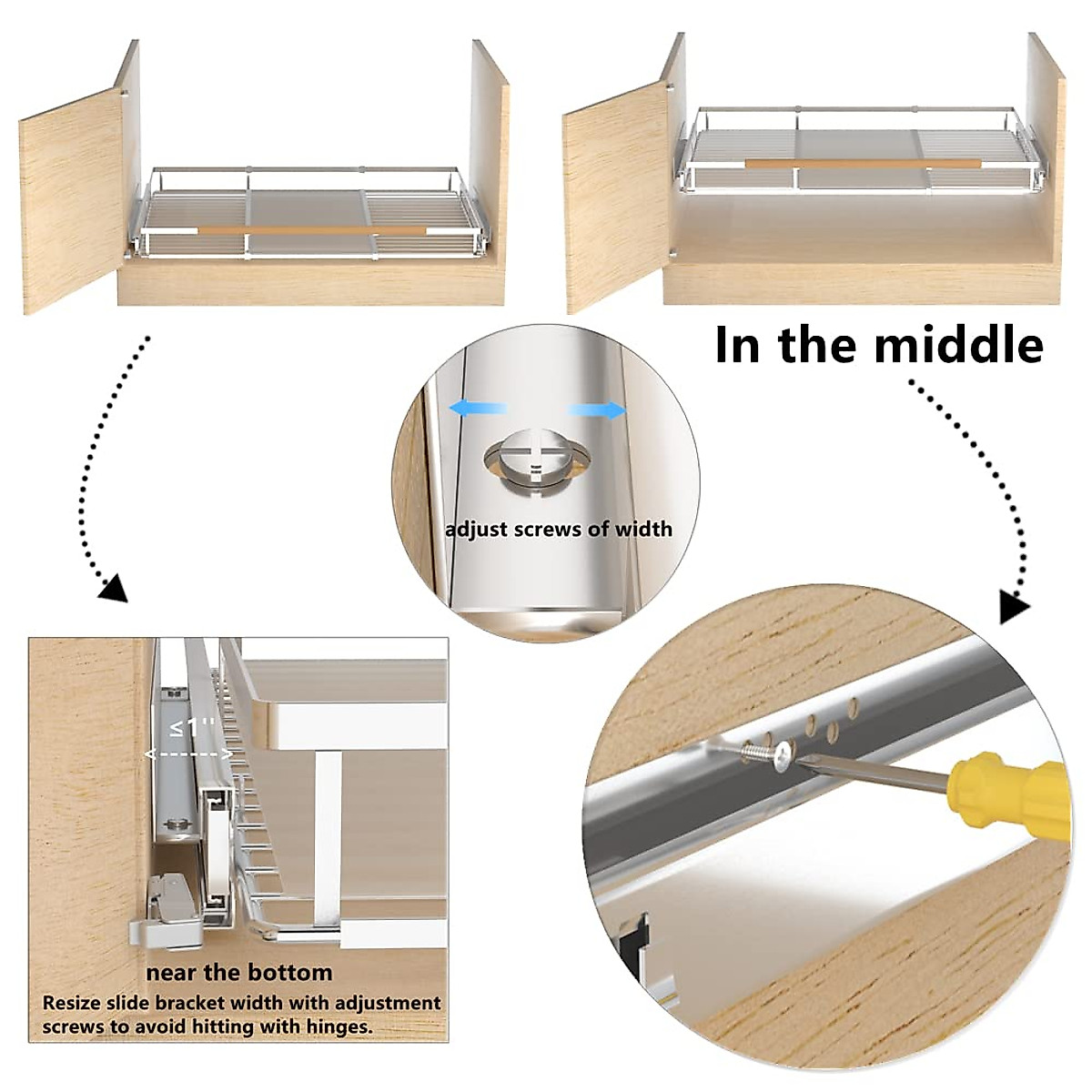 Benzoyl Pull Out Cabinet Shelf, Heavy Duty Under Sink Slide Out Cabinet Organizer, Anti Rust Kitchen Organizer Basket, Smooth Roll Expandable Sliding Drawer, 2 Pack Chrome 16.1~26.6''