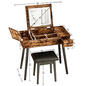 IRONCK Vanity Desk Set with LED Lighted Mirror & Power Outlet, Flip Top Makeup Vanity Table with Drawers & Cabinet,for Bedroom, Bathroom, Vintage Brown