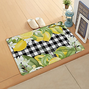 Lemon Rectangular Door Mat Indoor Doormat Bath Rugs Non Slip, Washable Cover Floor Rug Absorbent Carpets Floor Mat Home Decor for Kitchen Summer Fruit with Black White Buffalo Check Plaid (16x24)