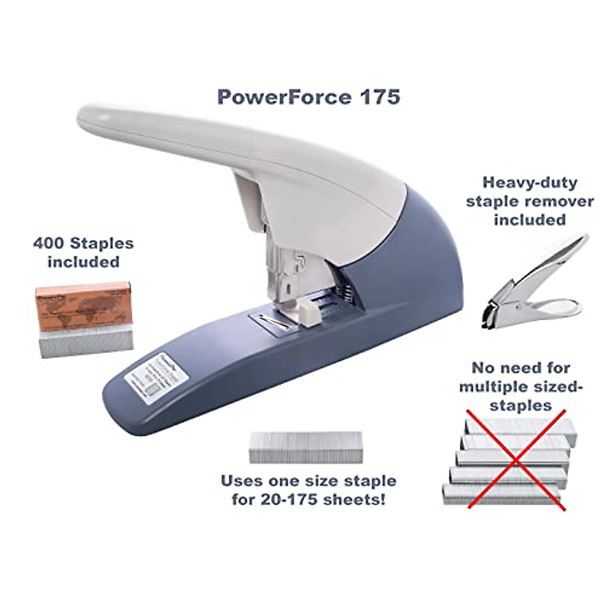 PraxxisPro PowerForce 175 Heavy Duty Flat Clinch Stapler, 20 to 175 Sheets Using one Size 3/4" Leg-Length Staple. for Home and Business. Includes 400 Staples and a Staple Remover.