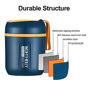 WORTHBUY Leak Proof Thermal Insulated Food Jar with Foldable Spoon, Lunch Containers Soup Cup for Kids and Adult, 16oz Capacity - Blue