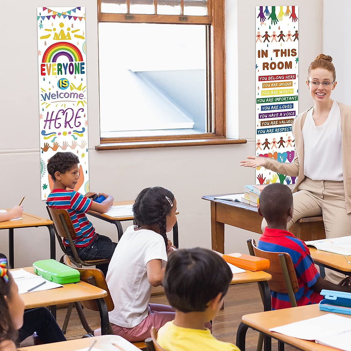 Estune 2 Pcs Welcome Banner and Poster for Teachers Rainbow Diversity Posters for Classroom Inclusive Classroom Decor for Bulletin Board Elementary Pre Middle High School Wall Sign, 11.8 x 47.2 Inch