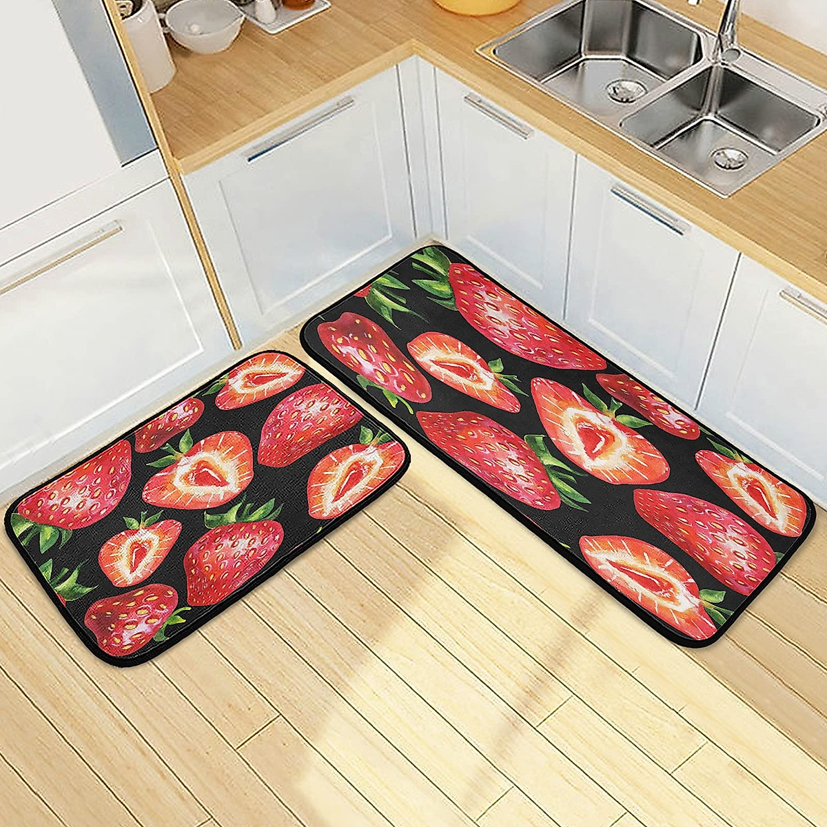 ALAZA Strawberry Red Black 2 Piece Kitchen Rug Floor Mat Set Runner Rugs Non-Slip for Kitchen Laundry Office 20" x 28" + 20" x 48"