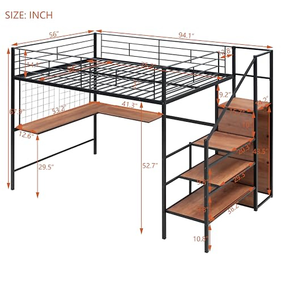 EMKK Full Size Metal Loft Bed with Desk and Metal Grid, Stylish Metal Frame Bed with Lateral Storage Ladder and Wardrobe,Loft Bed for Kids, Teens - Creative Haven for Study and Sleep
