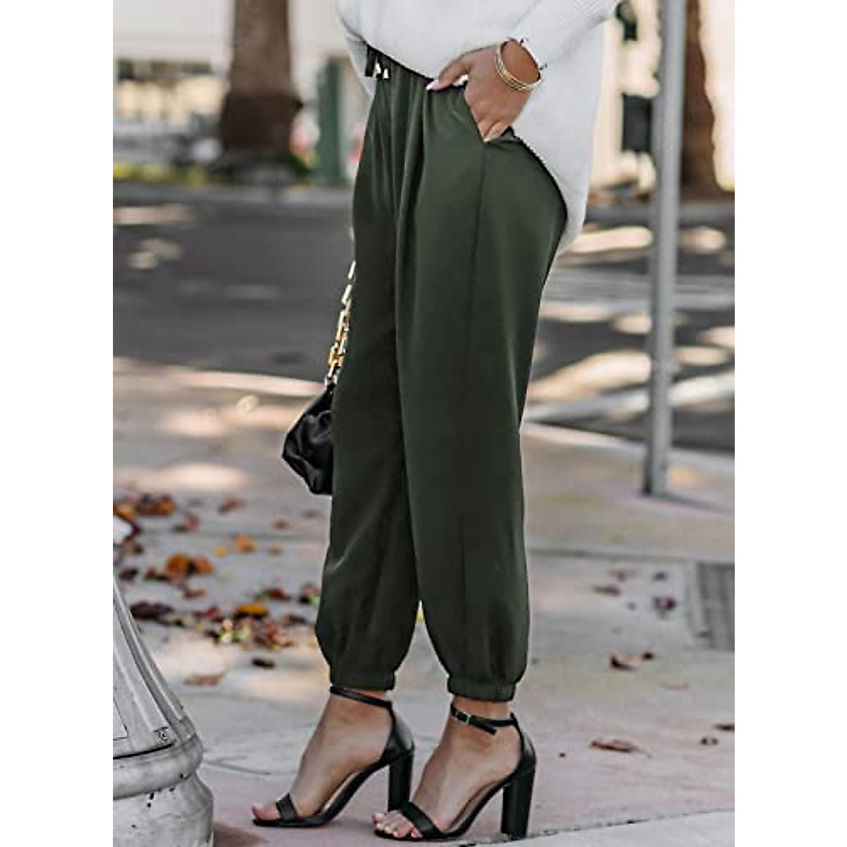EVALESS Women's Linen Pants Summer Drawstring Elastic High Waisted Business Casual Work Pants for Women 2025 Trendy Loose Comfy Harem Pants Trousers Womens Joggers with Pockets Green Medium
