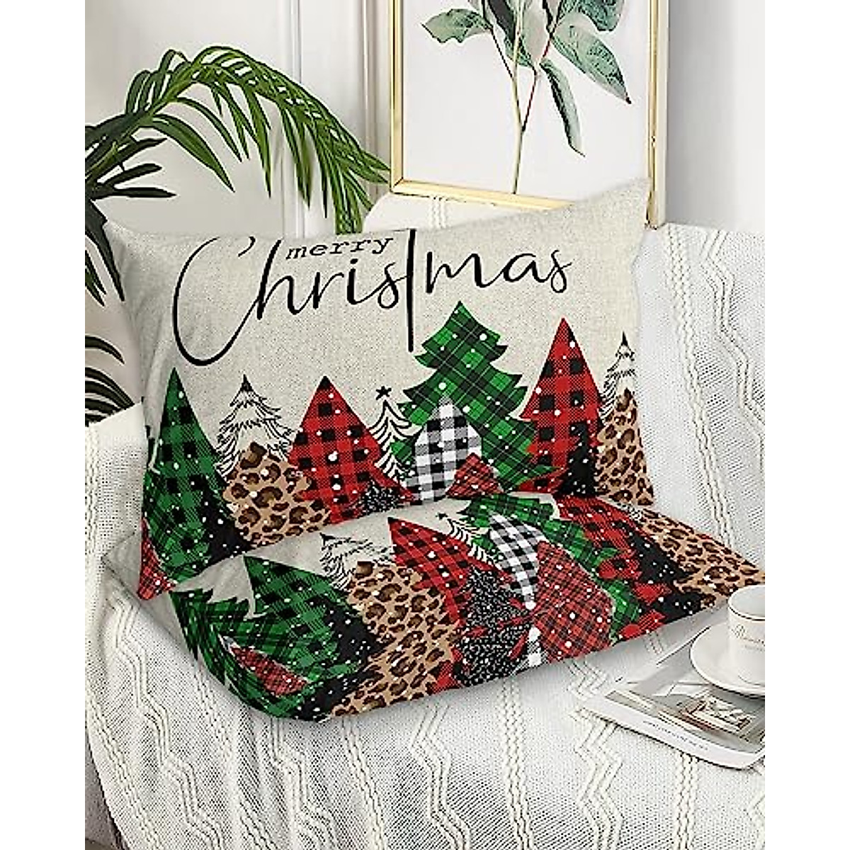 Christmas Tree Pillow Covers Standard Size Set of 2 Bed Pillow, Farmhouse Buffalo Plaid Winter Snowflake Plush Soft Comfort for Hair/ Skin Cooling Pillowcases with Envelop Closure 20x26 Inches