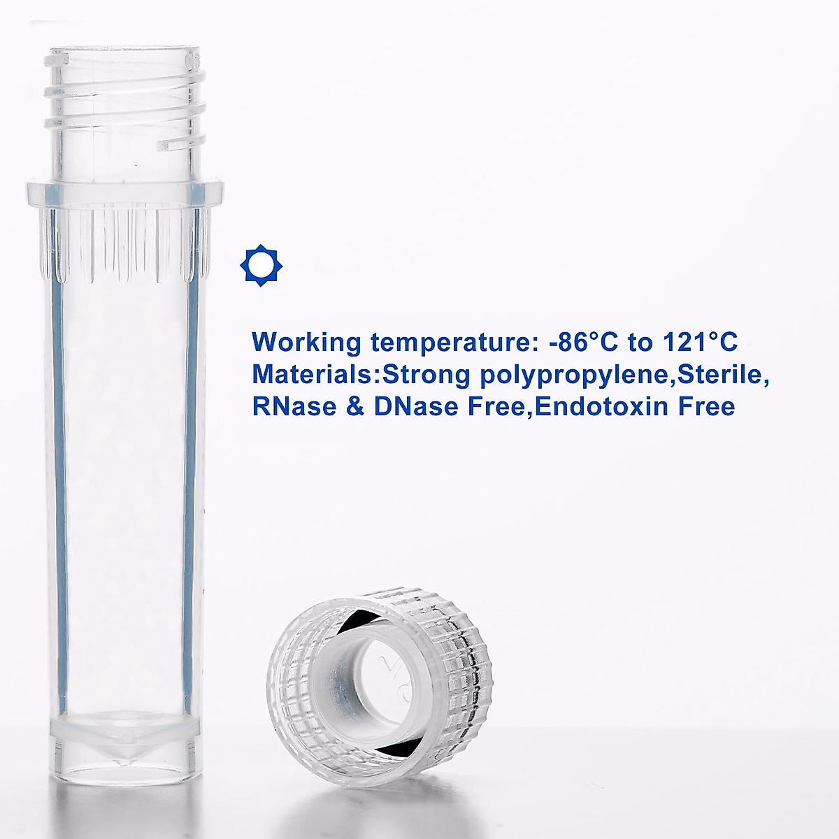 CryoKing Plastic Cryogenic Vials with Lids, Cryovial Storage Vile with Screw Caps, 2.0ml Collection Tubes for Liquid Culture (47.5mm, Self-Standing), 50 Vials/Bag, 10 Bags/Pack