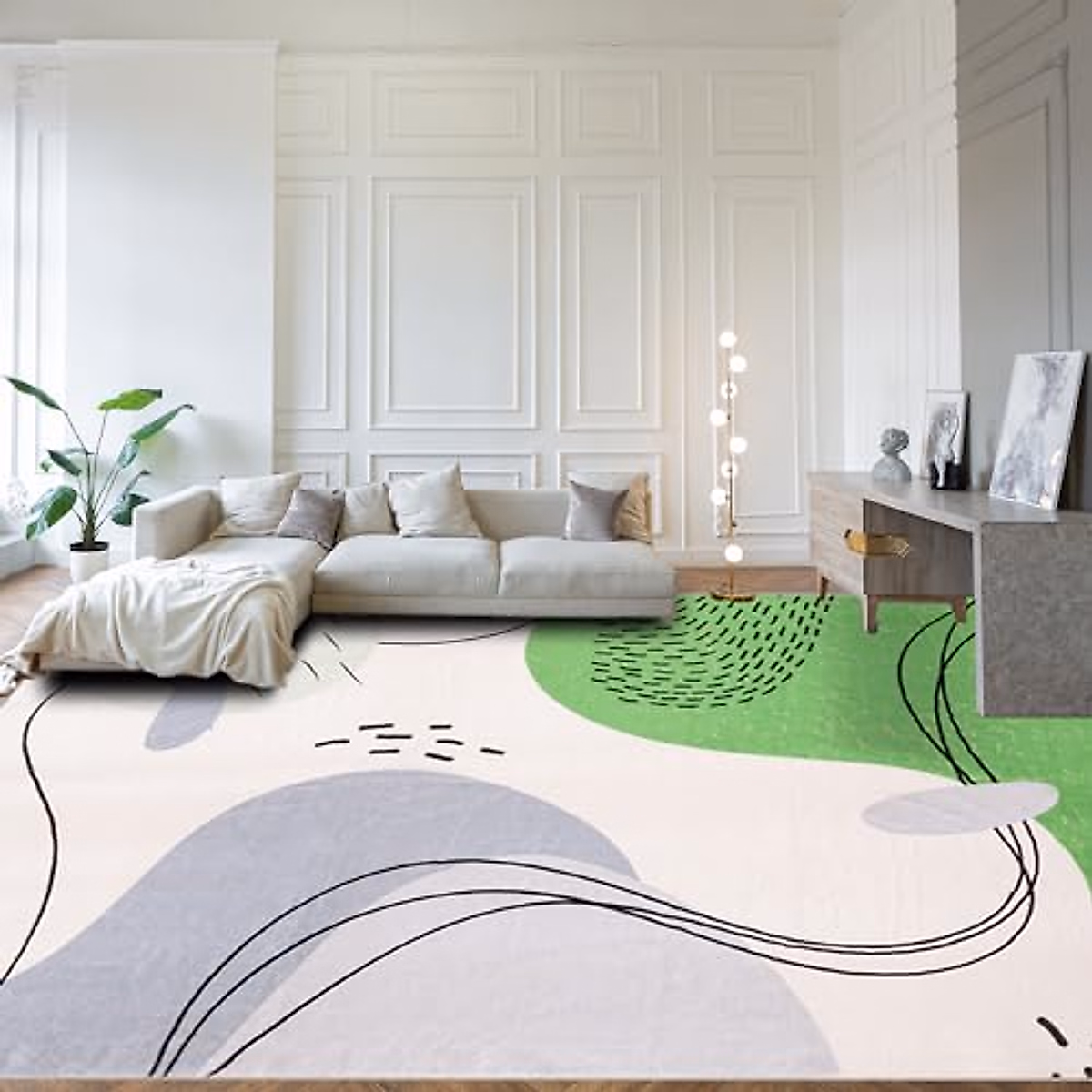 NEATIIP Abstract Botanical Print Rug for Living Room - Machine Washable 8x10 Area Rug Non-Slip Boho Rugs for Bedroom, Mid Century Modern Aesthetic Carpet for Dining Room Light Grey/Green