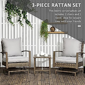 Outsunny 3-Piece PE Rattan Patio Furniture Set with Rocking Chairs and Bistro Coffee Table, Outdoor Wicker Rocker Conversation Set with Cushions for Balcony, Porch, Poolside, Yard, Garden - Gray