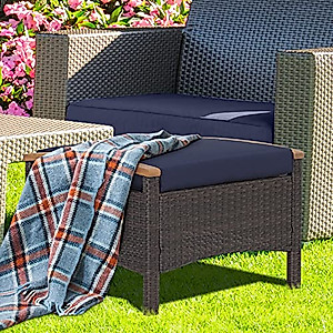 Tangkula 2 Piece Patio Rattan Ottomans, Outdoor Wicker Footstool w/Acacia Wood Handles, Soft Zippered Cushions, 3-in-1 Function Footstool Seat & Side Table for Backyard, Balcony, Poolside (Navy)