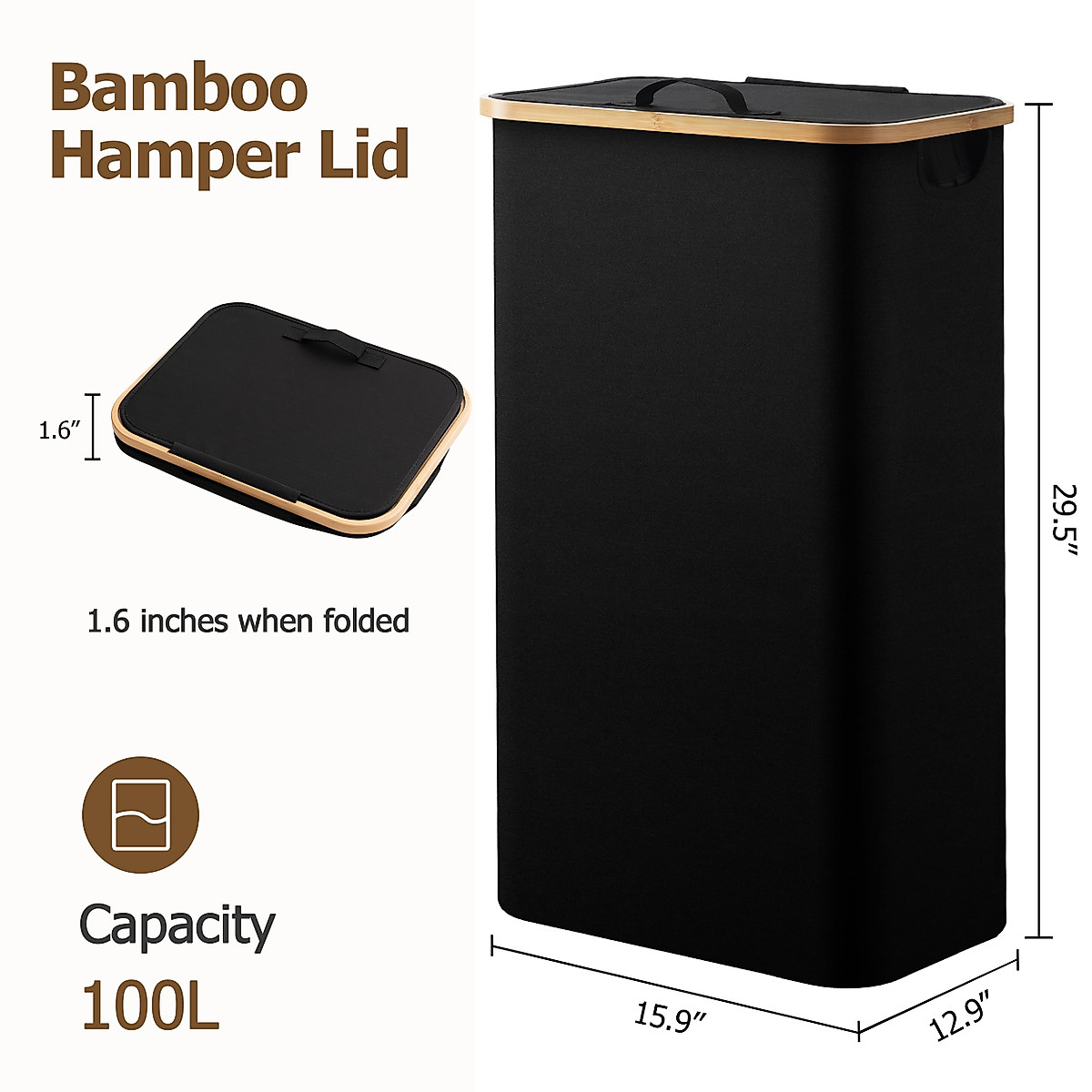 HBlife 100L Large Laundry Hamper with Lid and Removable Inner Bag, Collapsible Dirty Clothes Basket Organizer for Bathroom, Bedroom and Laundry Room, Black