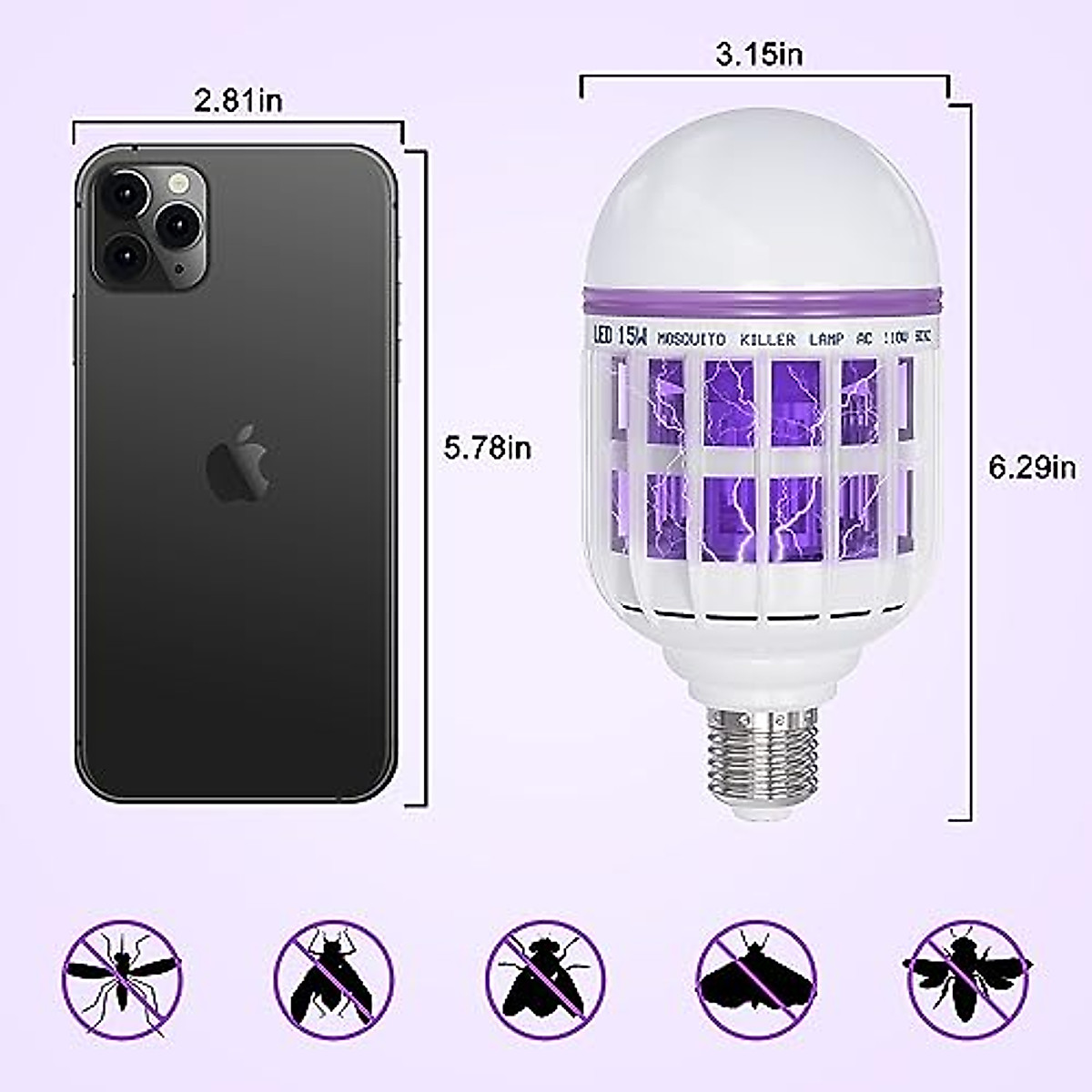 2 Pack Bug Zapper Light Bulbs, 2 in 1 Mosquito Light Bulb, Flying Insect Trap UV LED Lamp for Patio and Indoor
