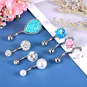 FECTAS 14g Belly Button Rings Surgical Steel CZ Navel Ring Barbell for Women Body Piercing Jewelry Silver